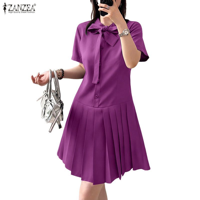 ZANZEA Women's Korean Elegant O Neck Short Sleeve Neckline Strap ...
