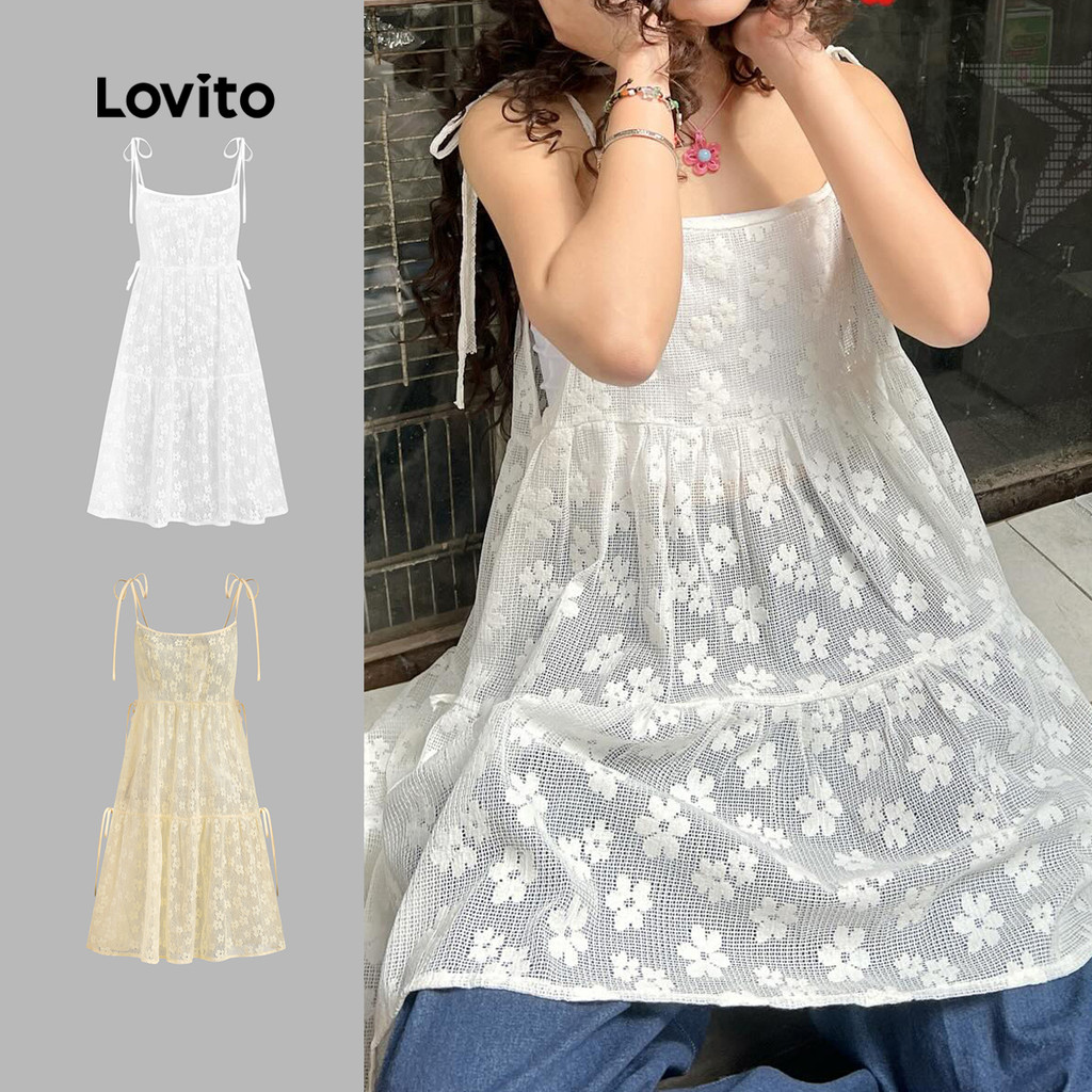 Lovito Women Casual Plain Lace Up Spring/Summer White Dress L136AD076 ...