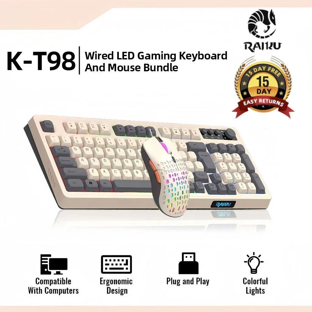 Raiku 98-Key Silent Gaming Bundle: Wired Keyboard with Rainbow LED ...