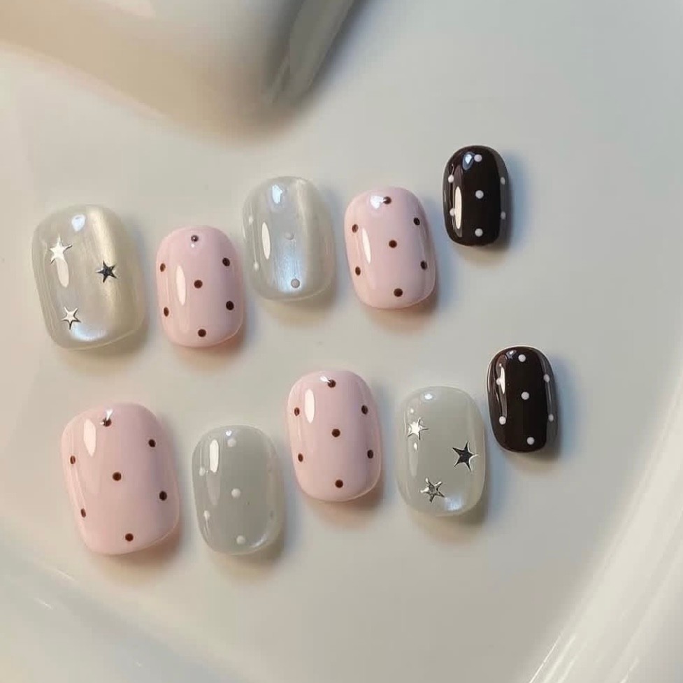 Pink Polka Dot Daily Short Style Wearing Nails ins Hand-Painted Cat's ...