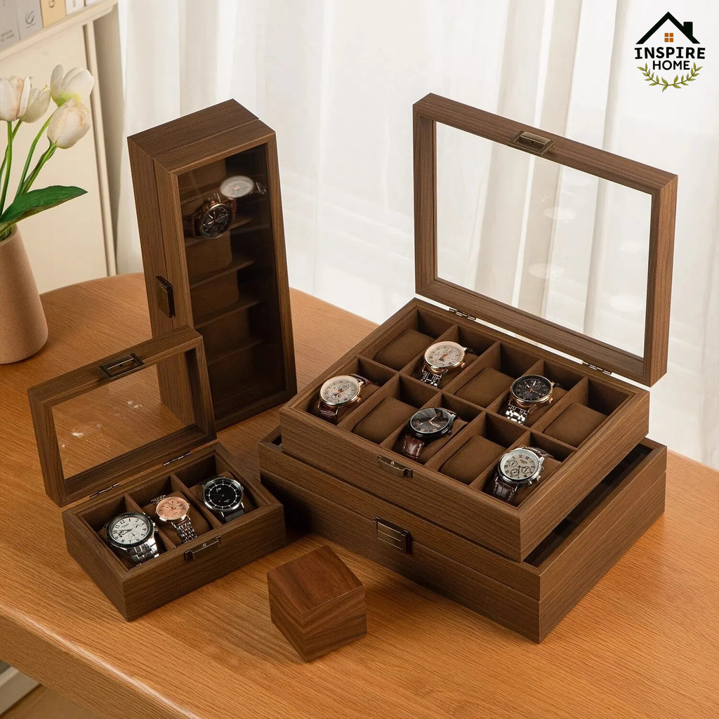 Wood Watch Storage Box 3/6/10/12 Slot Dust Proof Glass Cover Watch Box ...