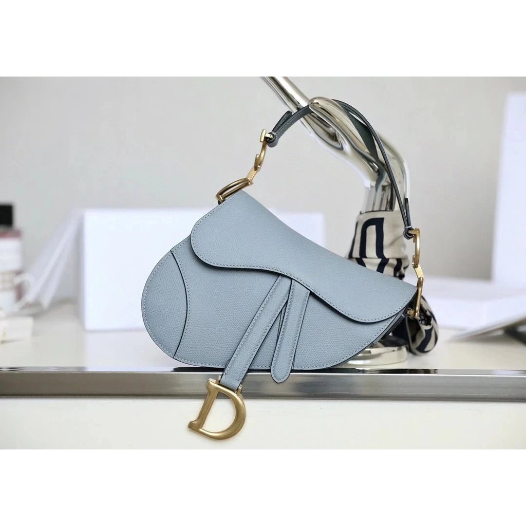 DIOR Ladies Mini Saddle Bag Haze Blue Grained Cow Leather Handbag ...