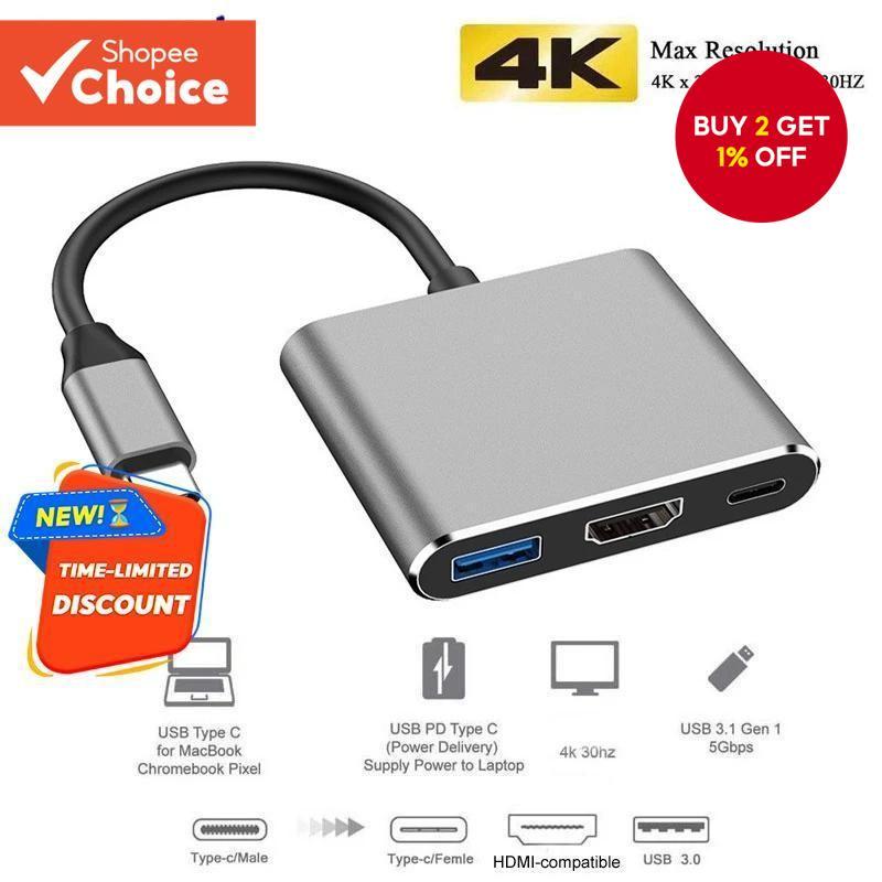 Type C USB Port HUB 3in1 4K HDMI Adapter USB3.0 PD 87W Charging OTG ...