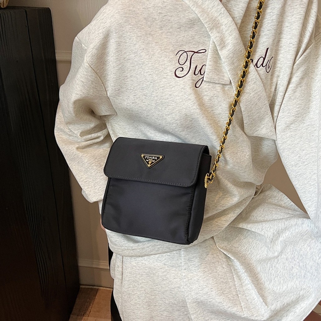 P's Triangle Label Black Solid Color Nylon Tote Bag with Flap Closure ...