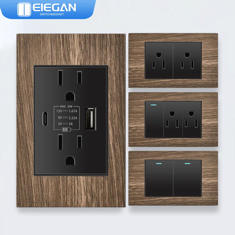 ELEGAN wall switch socket usb+type-c socket black vintage wood grain ...