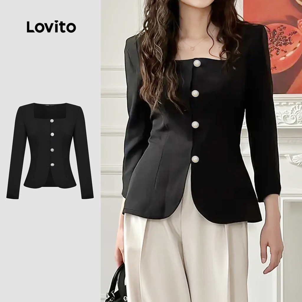 Lovito Women Elegant Blazer Button Autumn/winter Black Blazer L166AD060 ...