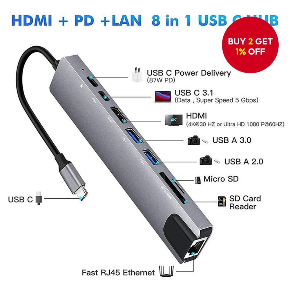 USB Hub 8IN1 Type C Adapter Multiport 4K HD RJ45 Ethernet USB3.0 PD ...