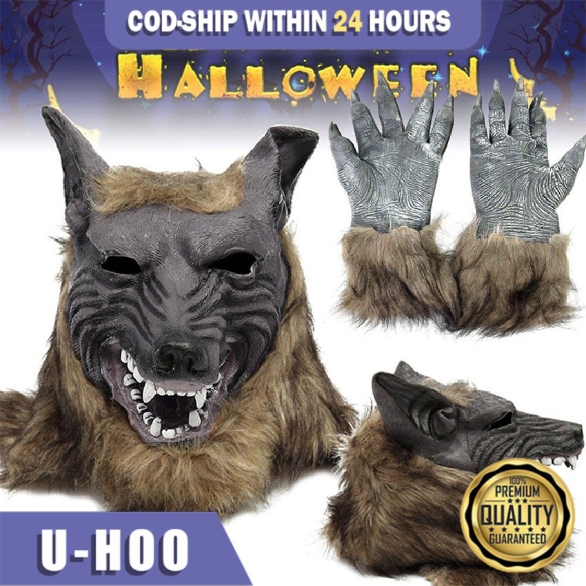 Halloween Werewolf Costume Cosplay Wolf Head Hair Mask and Claws Gloves ...