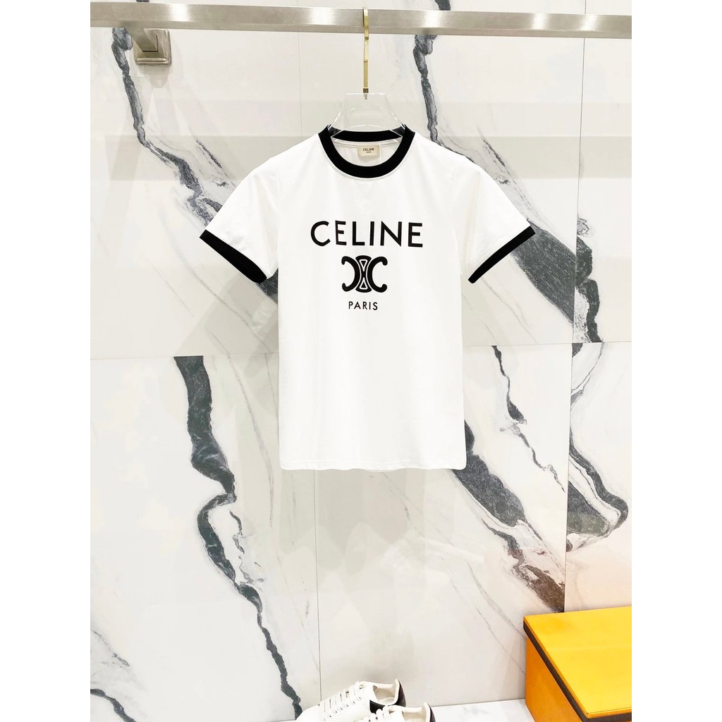 Top version Celine Brand Letter Print on Chest logo round Neck Short ...