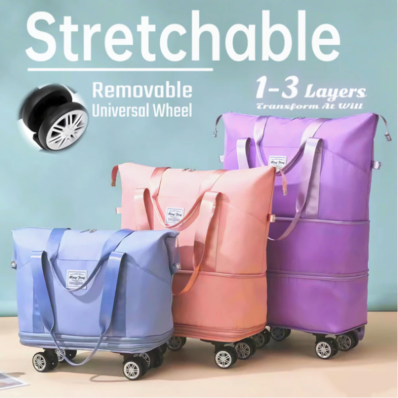 Stretchable Travel Bag with Wheels 3-layer Carry Luggage Weekender Bag ...