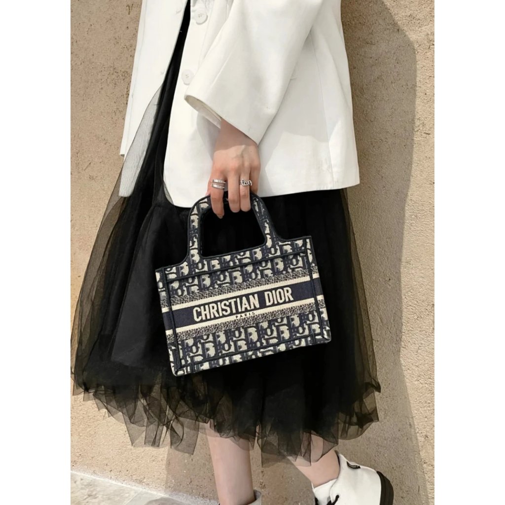 Dior book tote mini Embroidered Gray D tote Bag One Shoulder Shopping ...