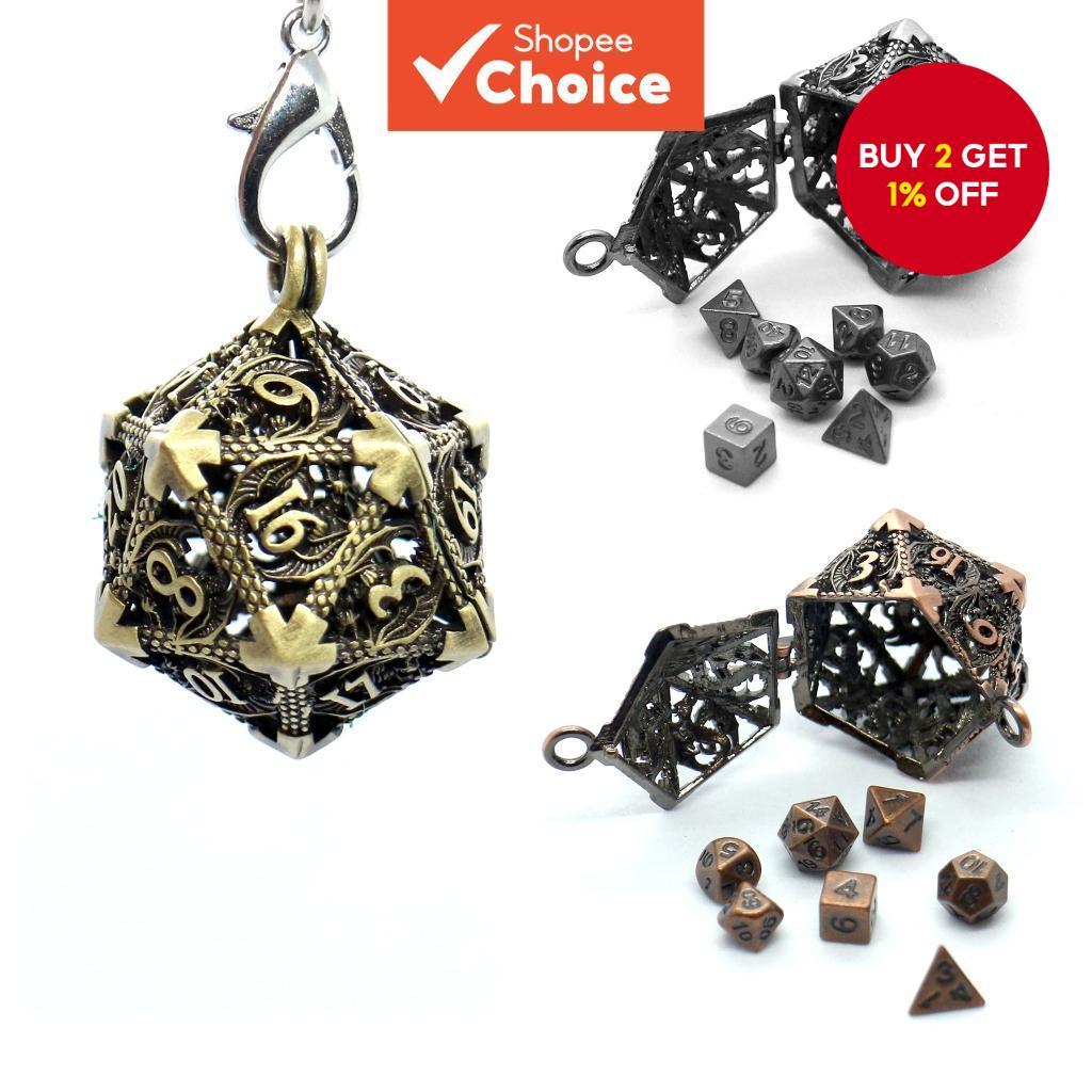 D20 Metal Hollow Box+7pcs Metal Dice Set, Portable Board Game Dice Mini ...