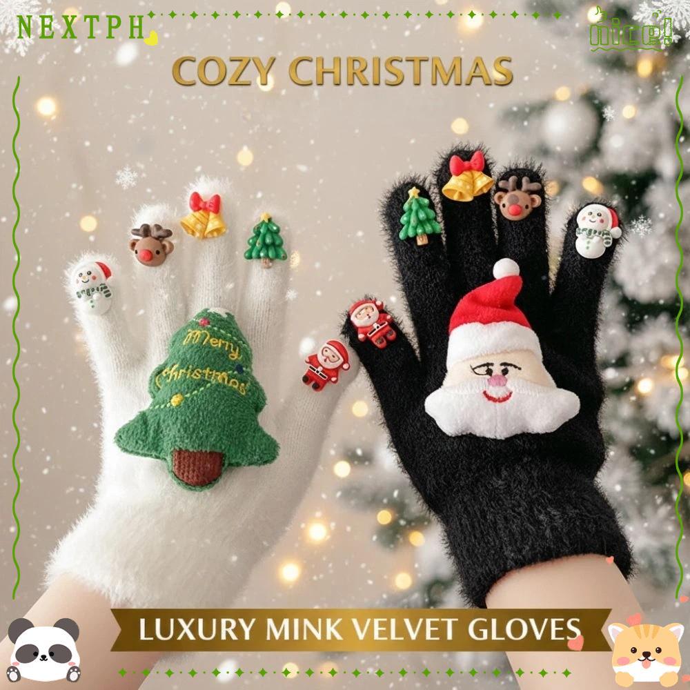 NEXTPH Christmas Gloves, Mink Velvet Plush Winter Gloves, Cartoon Warm ...