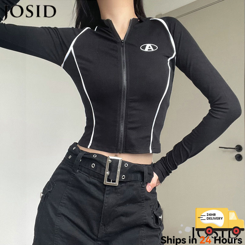 Thin Round Neck Long Sleeved Zipper Jacket Top Patchwork Hot Girl ...