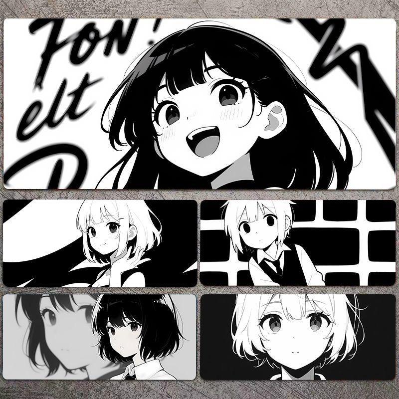Monochrome Anime Girl Mouse Pad - Cute Black White Art Large Gaming ...
