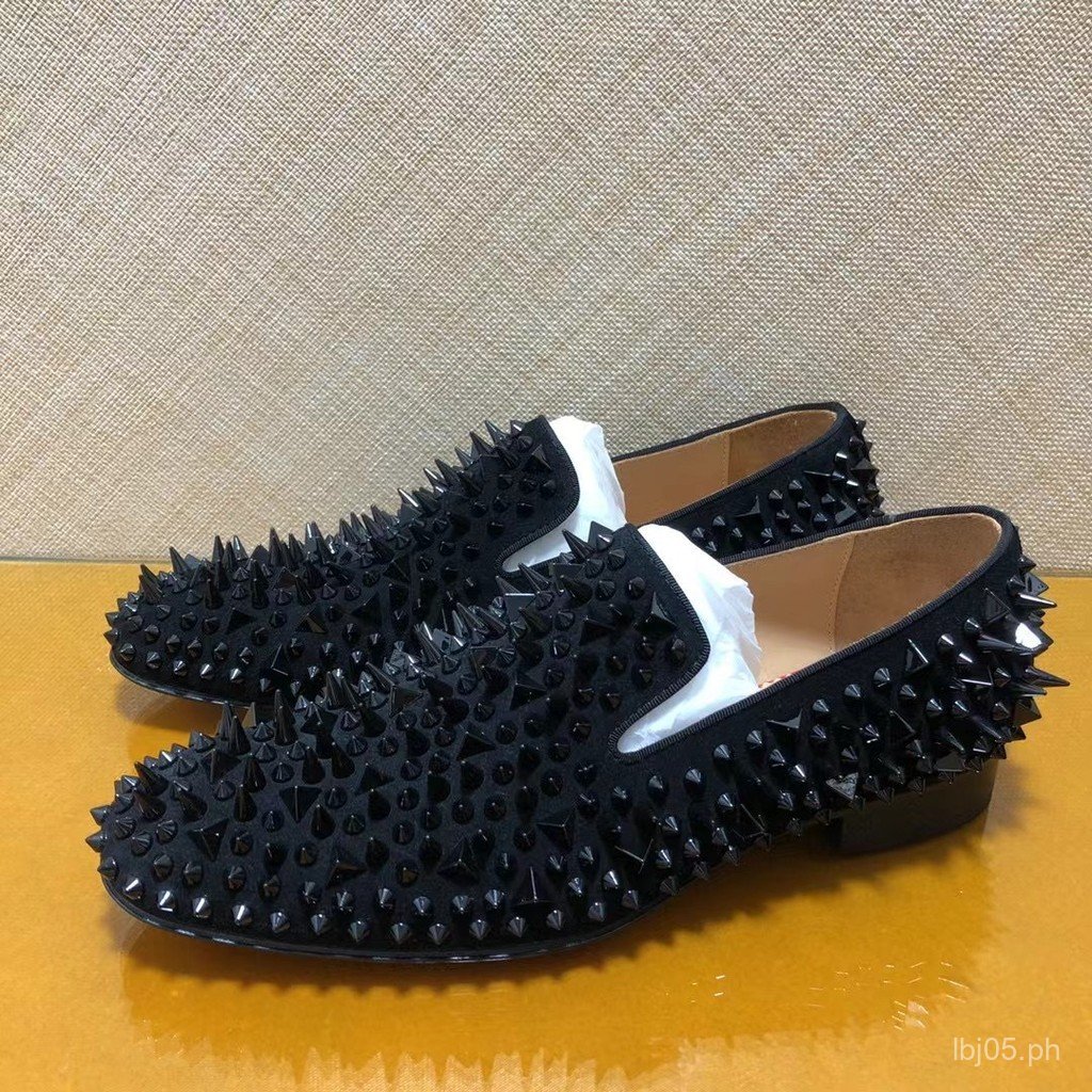 cl andgz Men's Shoes Black Messy Studded Low Heel Red Sole Shoes Rivet ...