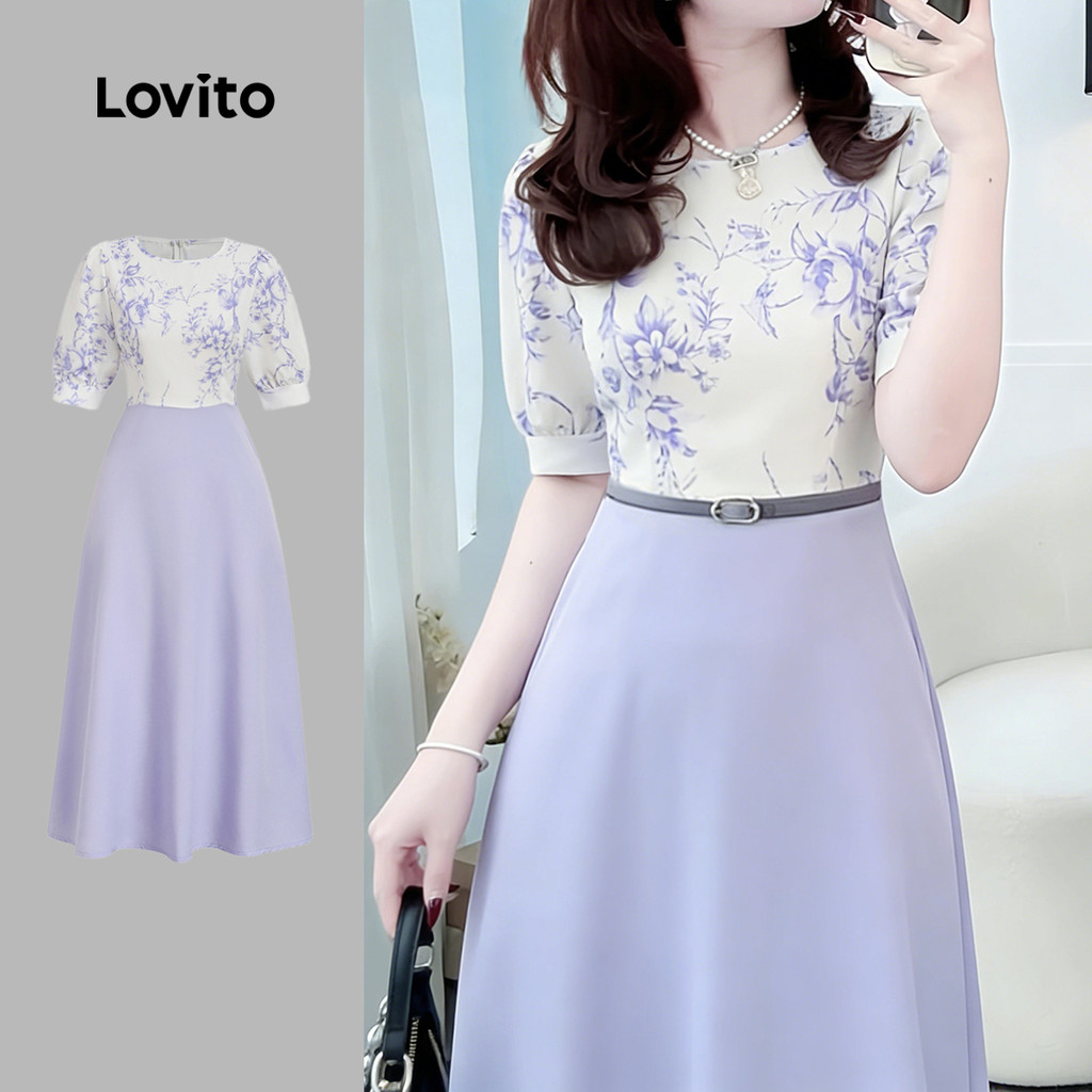 Lovito Women Elegant Dress Fabric Stitching Pleated Spring/summer Light ...