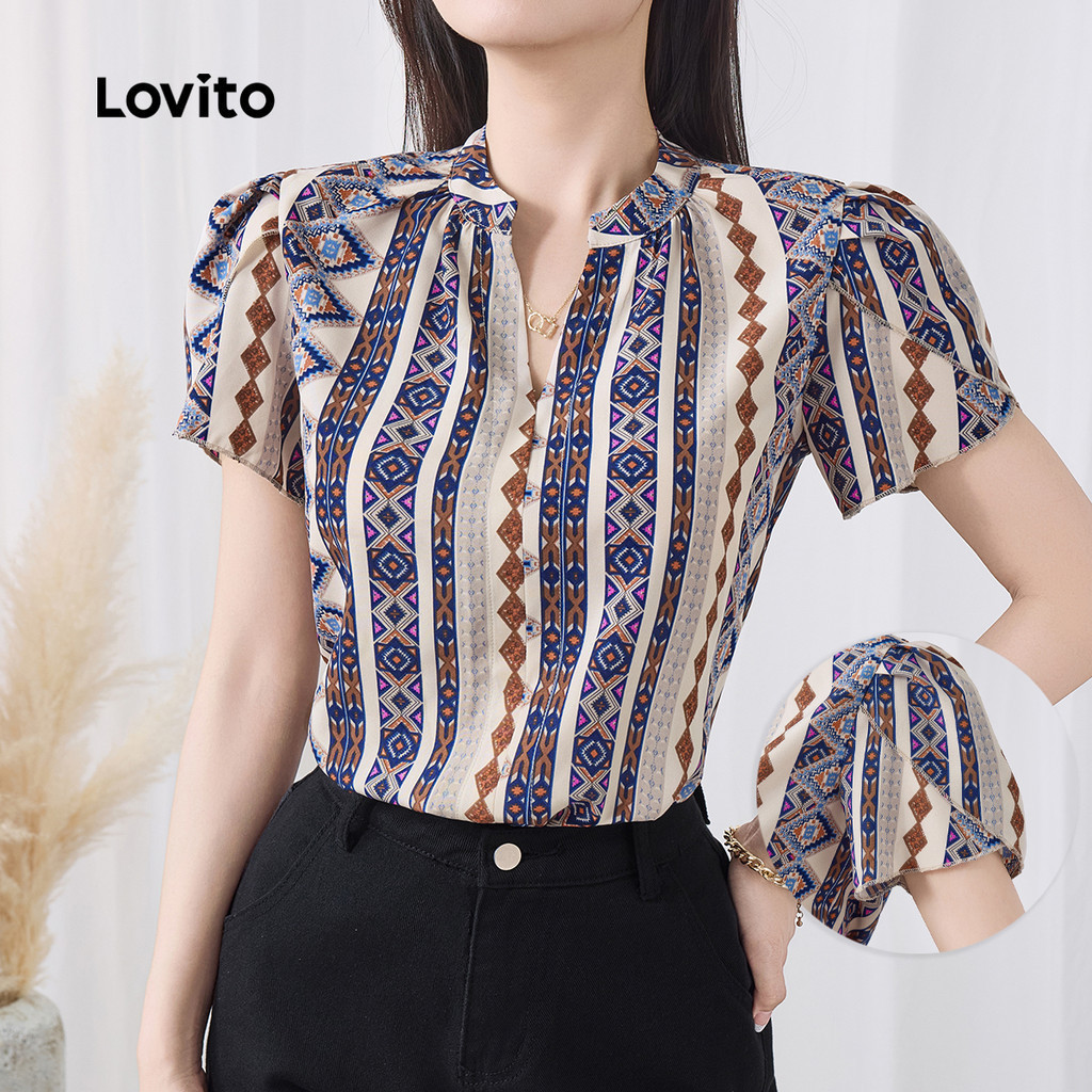 Lovito Boho Blouse Tribal Print Split Front Summer/Spring Blouse for ...