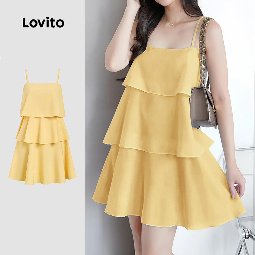 Lovito Women Casual Dress Tiered Layer Adjustable Shoulder Strap Zipper ...