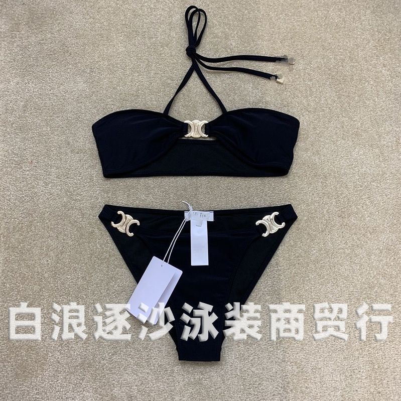 CELINE1987 Black Triangle Split Tube Top Bikini with Chest Pad Swimsuit ...