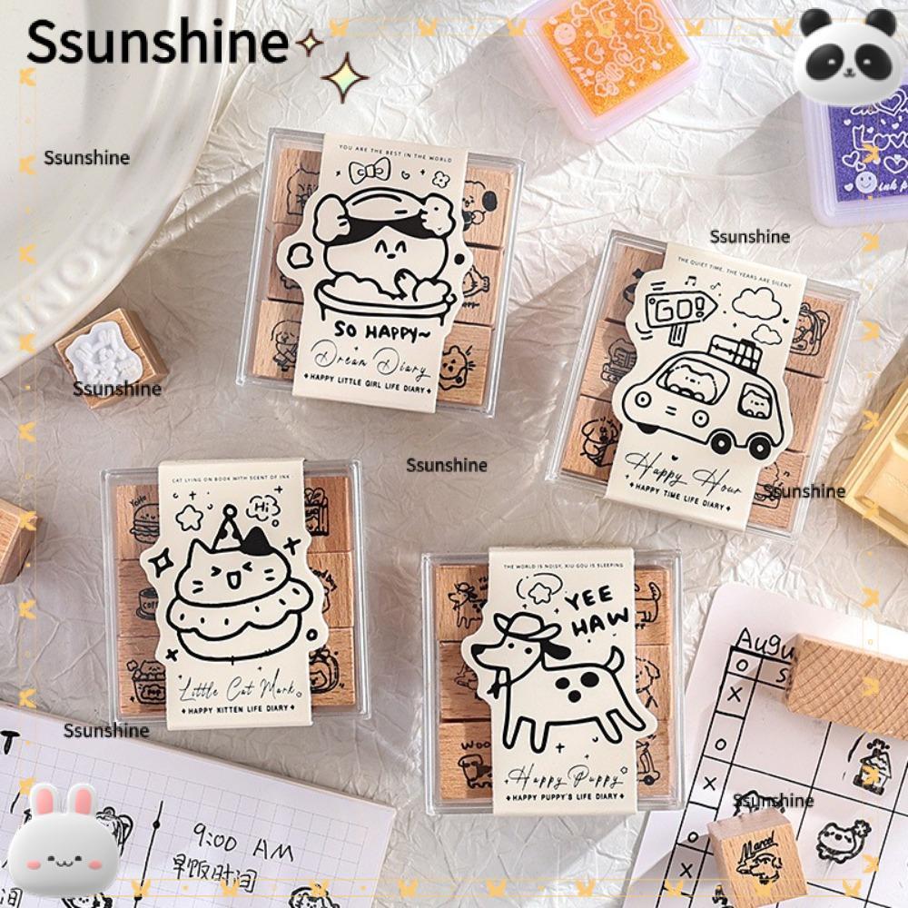 SSUNSHINE 9pcs Set Wooden Stamp, Journal GO Cartoon Cat Dog Rubber ...