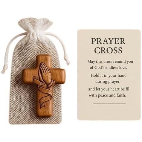 Wooden Prayer Cross Pocket Card, Pray with Both Hands Cross Mesh with ...
