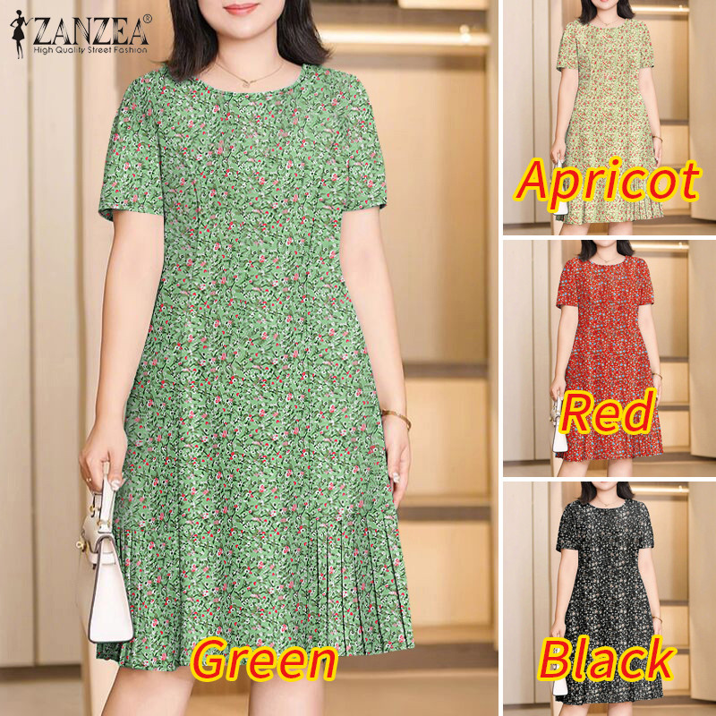 ZANZEA Women's Korean Retro Fashion Pleated Short Sleeve Printed Dress ...