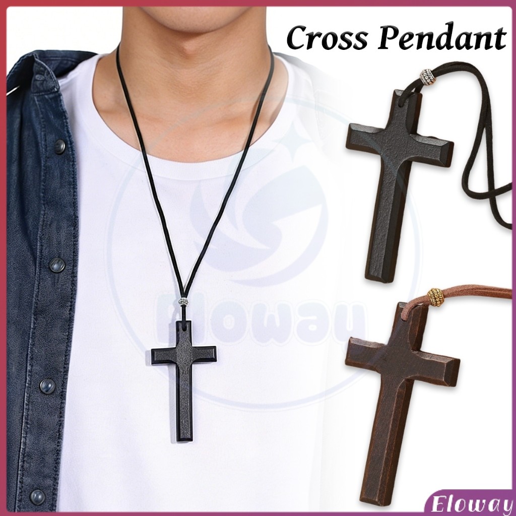 ELY Wooden Cross Necklace On Leather Cord For Pendant In Black Brown ...