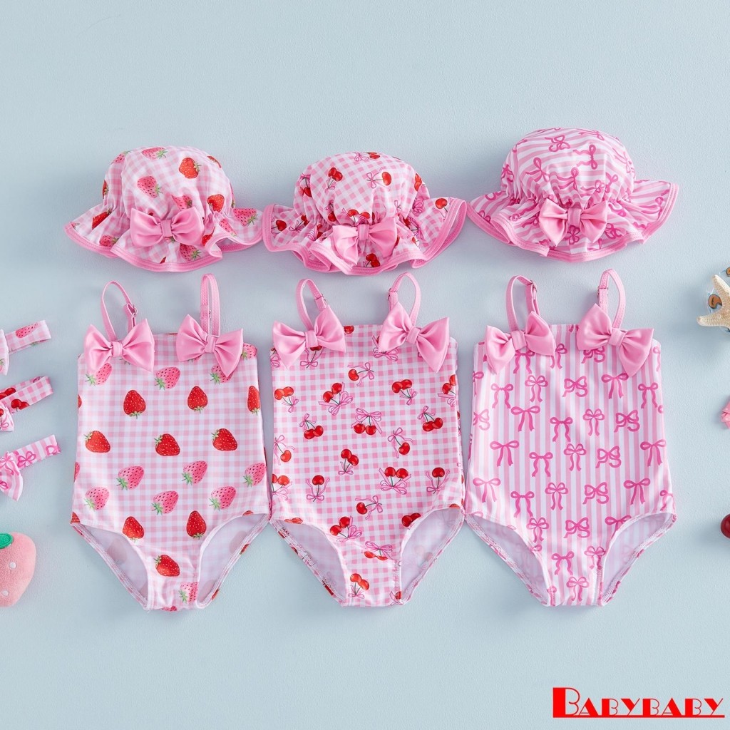 Bab-Girl Summer Strawberry/Bow/Cherry Print Bathing Suit + Headband Hat ...