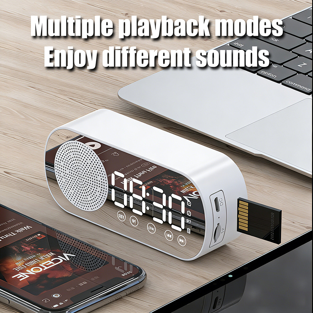 Digital Alarm Clock Bluetooth 5.0 Speaker LED Display Mirror Desk Alarm ...