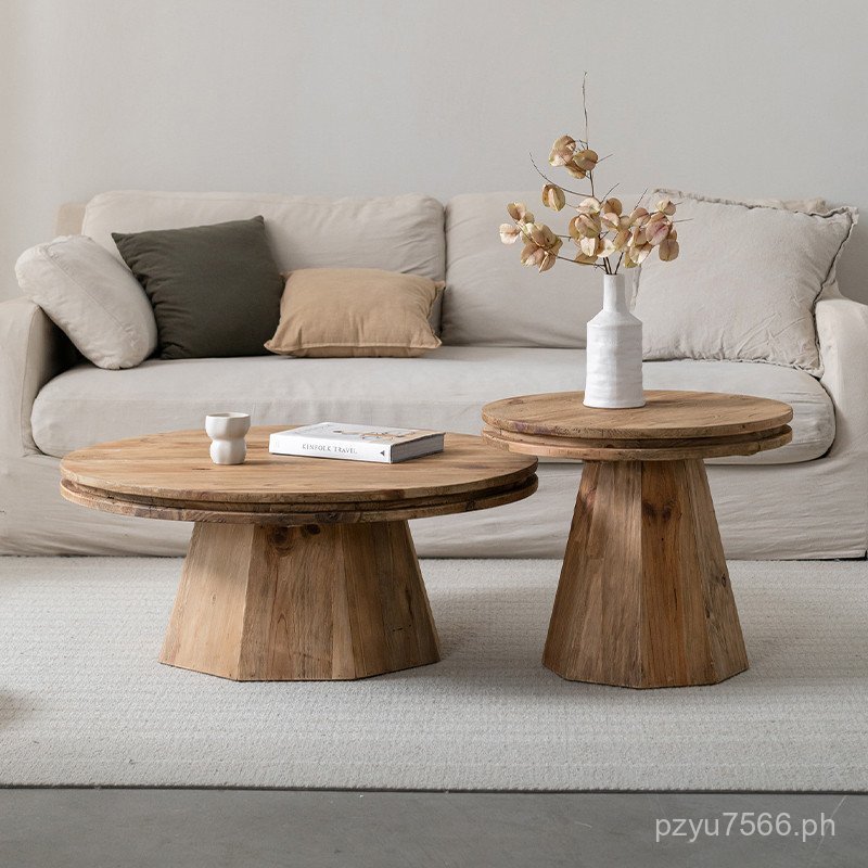 Runjia Home Retro Round Solid Wood Combination Coffee Table Wabi-Sabi ...