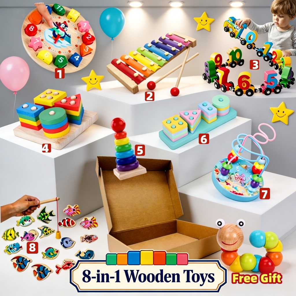 8 in 1 Wooden Educational Toy Gift Set Shape Sorter Toys for Kids ...
