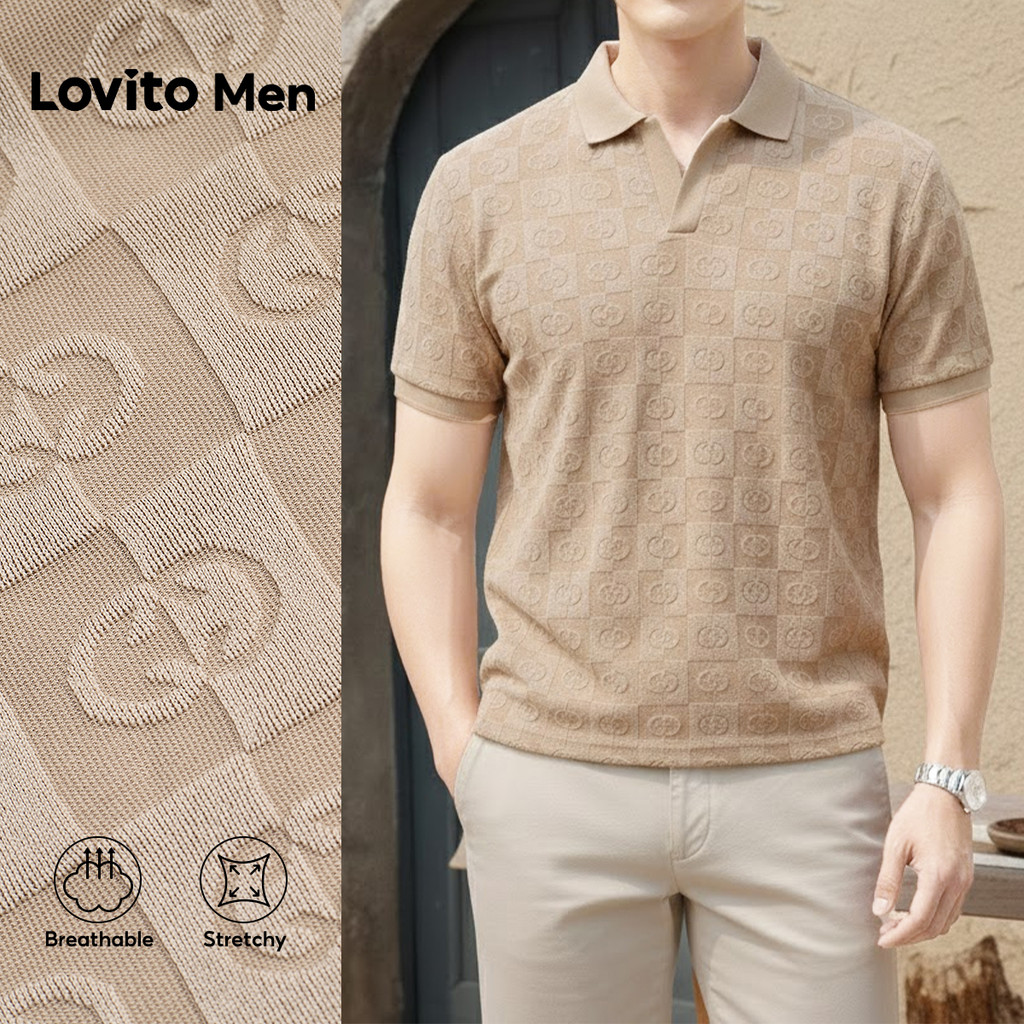Lovito Men Casual Polo Shirt Jacquard Button Spring/summer White Polo ...
