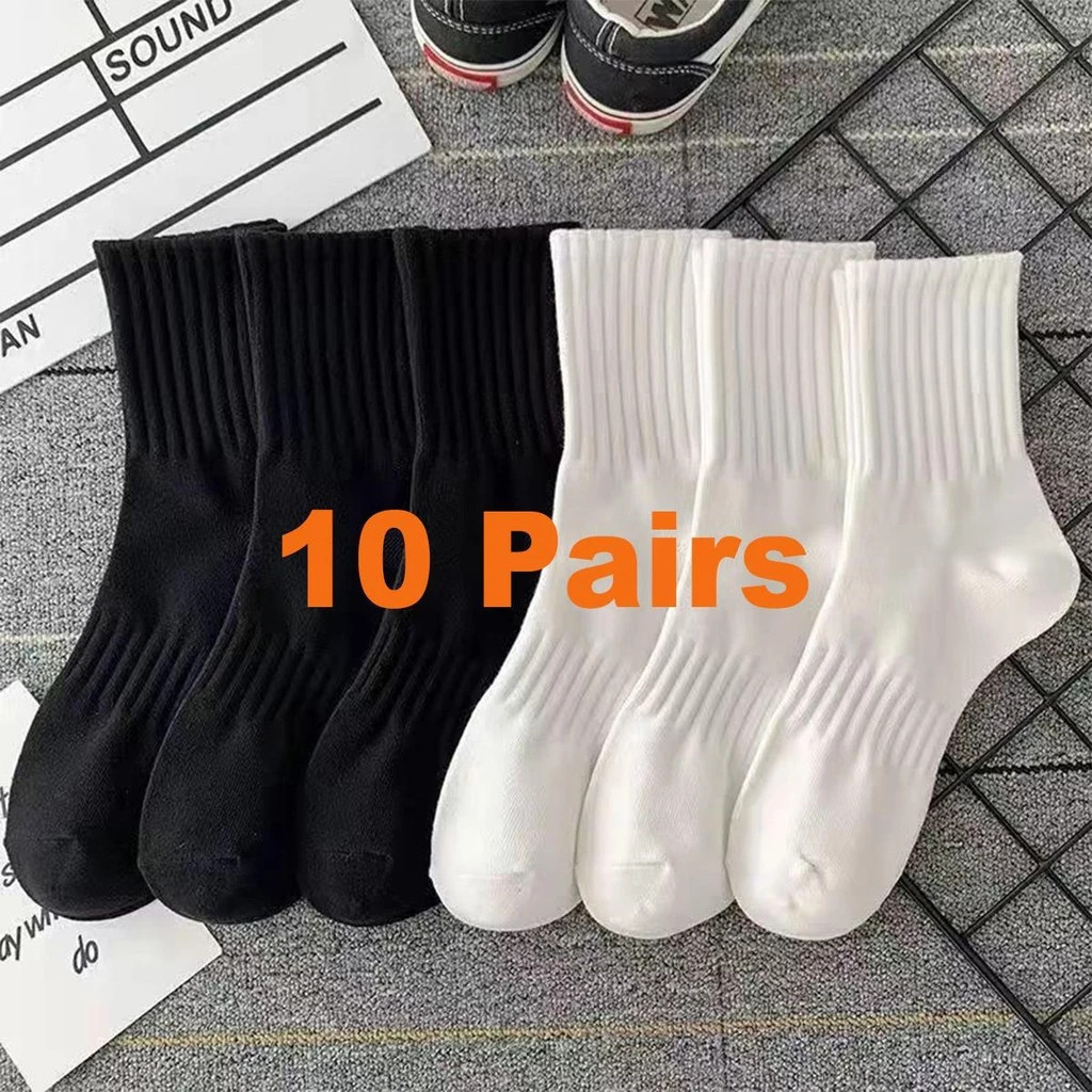 5 Pairs Solid Color Cotton Socks Tri-Color Black White Low Mid Long Cut ...