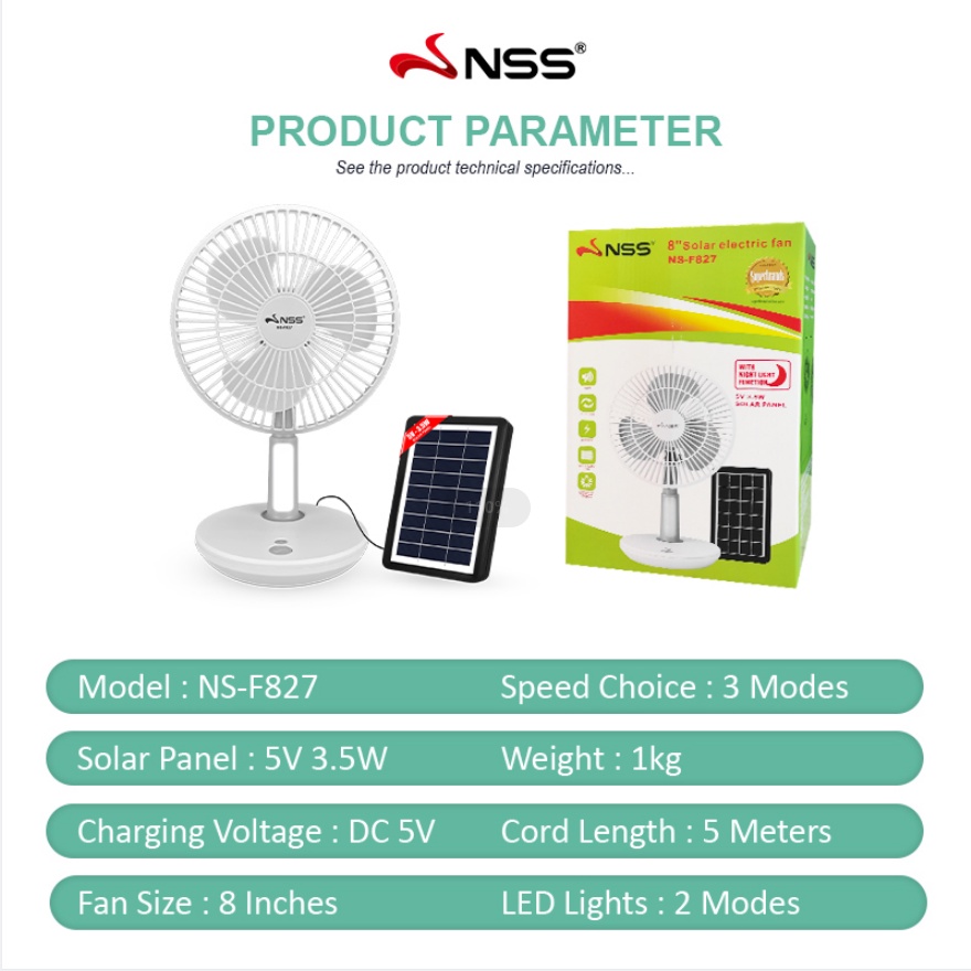 NSS Solar Electric Fan Portable Solar Fan Rechargeable with LED lights ...