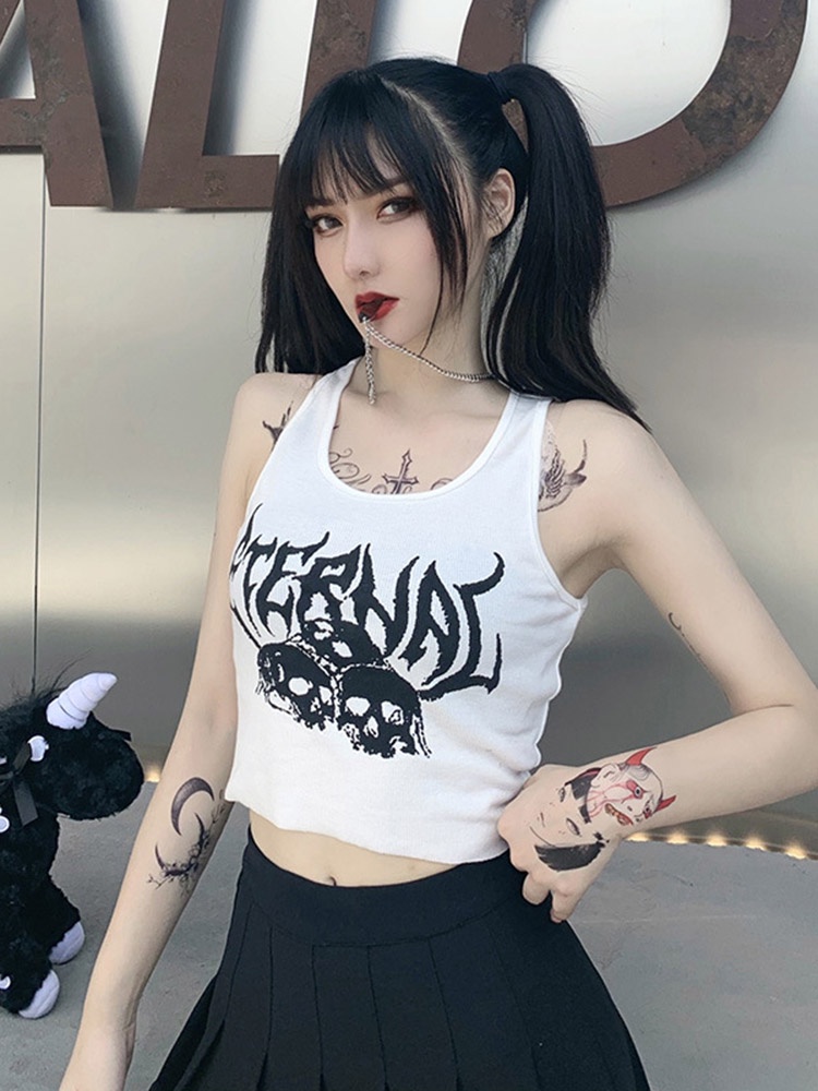 DOZW Sexy Punk Goth Crop Tops Women's Skull Print Vest Top Black Round ...