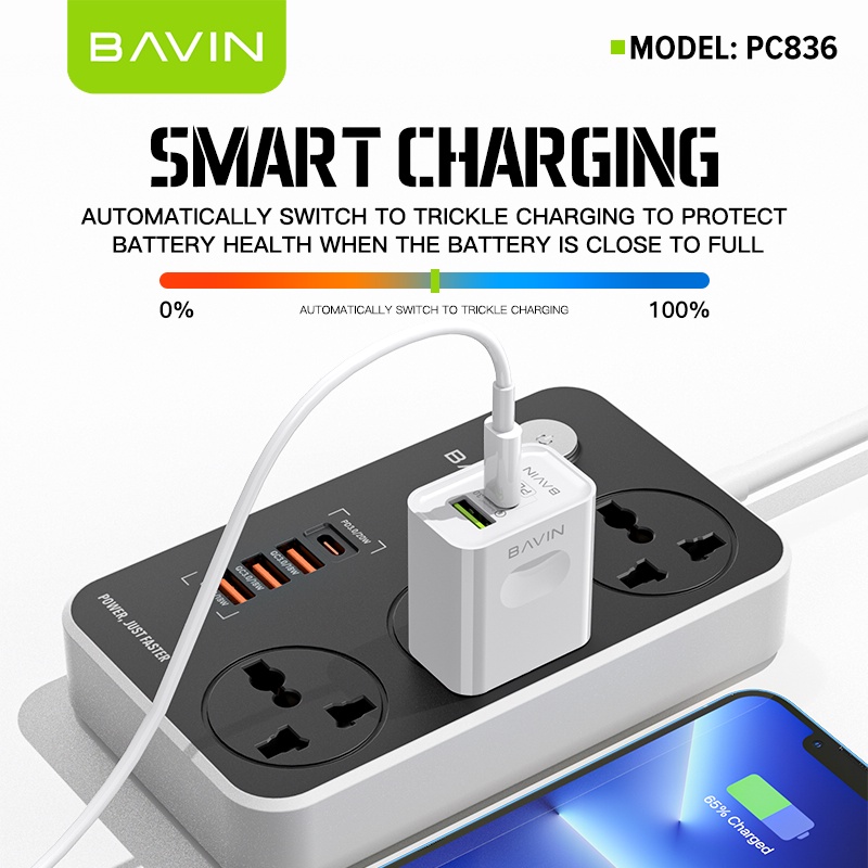 BAVIN PC836 20W Fast Charger PD+QC 3.0 Dual Port Smart Charging Adapter ...