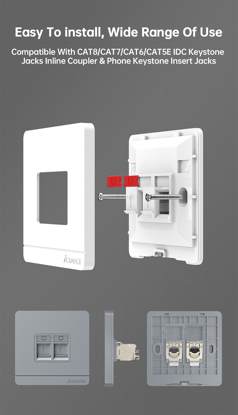 AMPCOM Panel Kit, Wall Faceplate with CAT8 40Gbps STP Keystone Jack ...