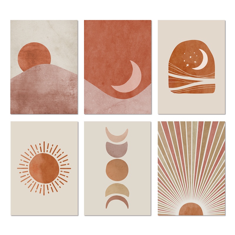 Abstract Landscape Sun and Moon Scene Boho Canvas Prints Painting Wall ...