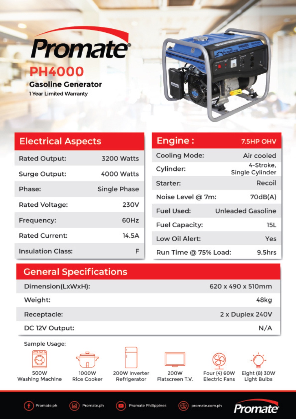 Promate PH4000 Gasoline Generator 4kVa | 3200W/4000W | 7.5HP OHV ...