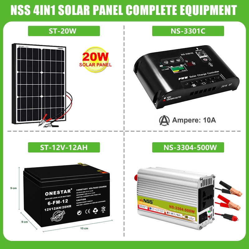 NSS 4 in 1 Invert Battery With Solar Panel Charge Controller Set ...