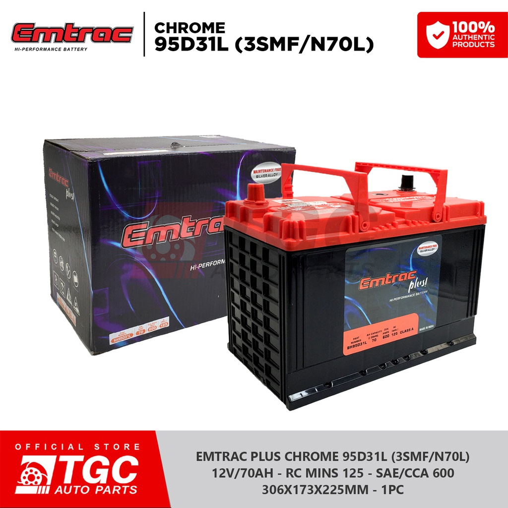 EMTRAC PLUS Chrome 95D31L (3SMF/N70L) 12V / 70AH RC mins 125 SAE/CCA 600 306x173x225mm 1pc ...