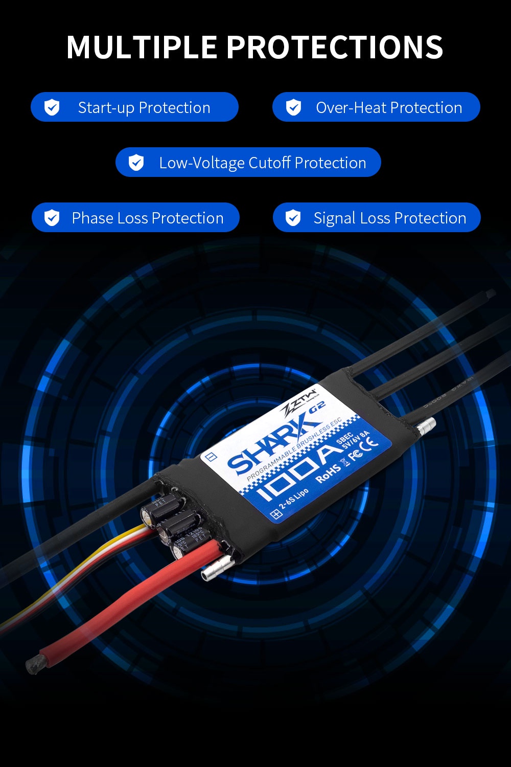 ZTW 32-Bit ESC Shark G2 20A/30A/40A/50A/60A/80A/100A 2-6S SBEC 5V/6V 8A ...