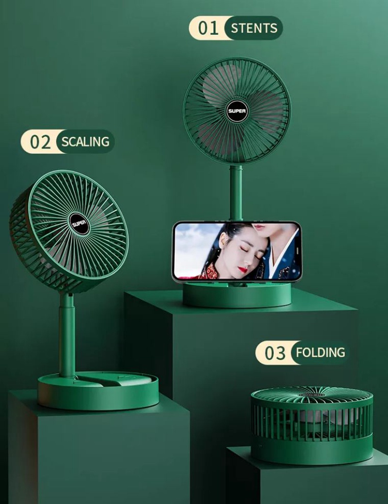 180° Rotation Rechargeable Telescopic Folding Fan with Phone Holder ...