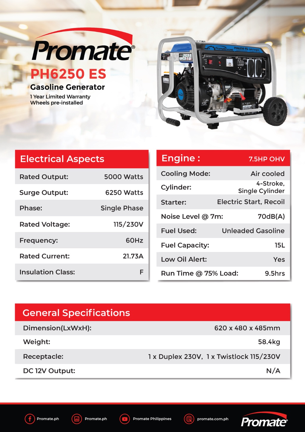 Promate PH6250ES Gasoline Generator 6kVa | 5000W/6250W | 10HP OHV ...