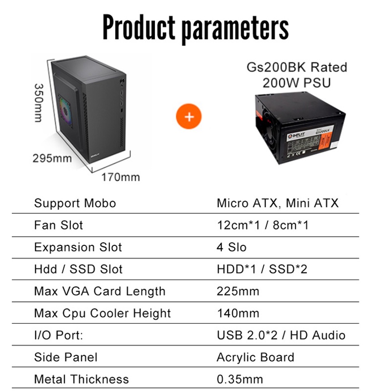 INPLAY PC Case Computer Desktop Case with Pre-Installed GS200BK PSU 2 ...
