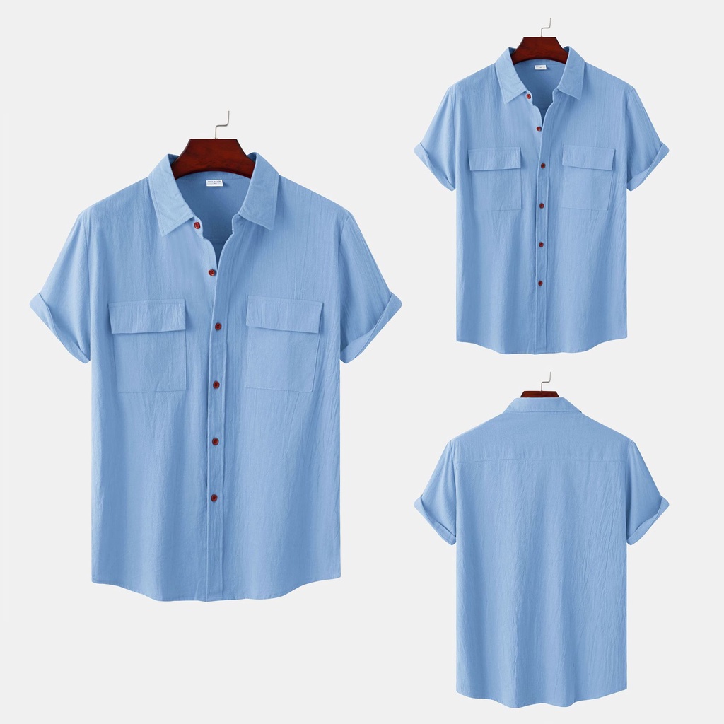 Men's Cotton Vintage All-match Slim Fit Solid Color Short Sleeve Shirt ...