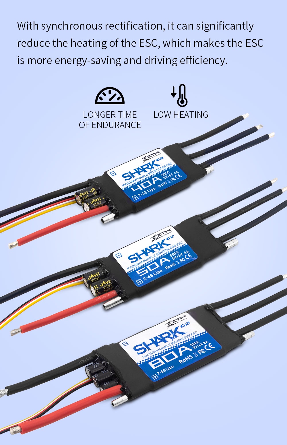 ZTW 32-Bit ESC Shark G2 20A/30A/40A/50A/60A/80A/100A 2-6S SBEC 5V/6V 8A ...