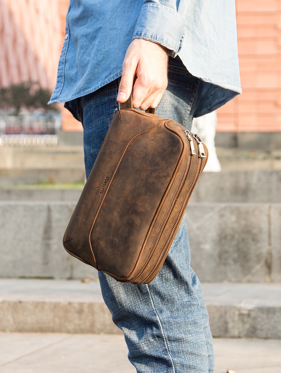 CONTACT'S Crazy Horse Genuine Leather Men's Cosmetic Bag Male Toiletry ...