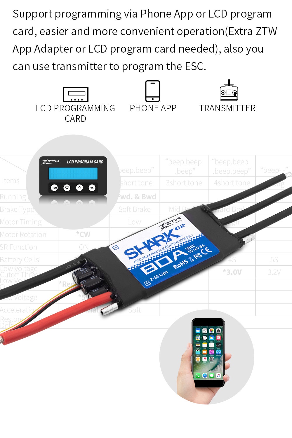ZTW 32-Bit ESC Shark G2 20A/30A/40A/50A/60A/80A/100A 2-6S SBEC 5V/6V 8A Brushless Speed Control ...